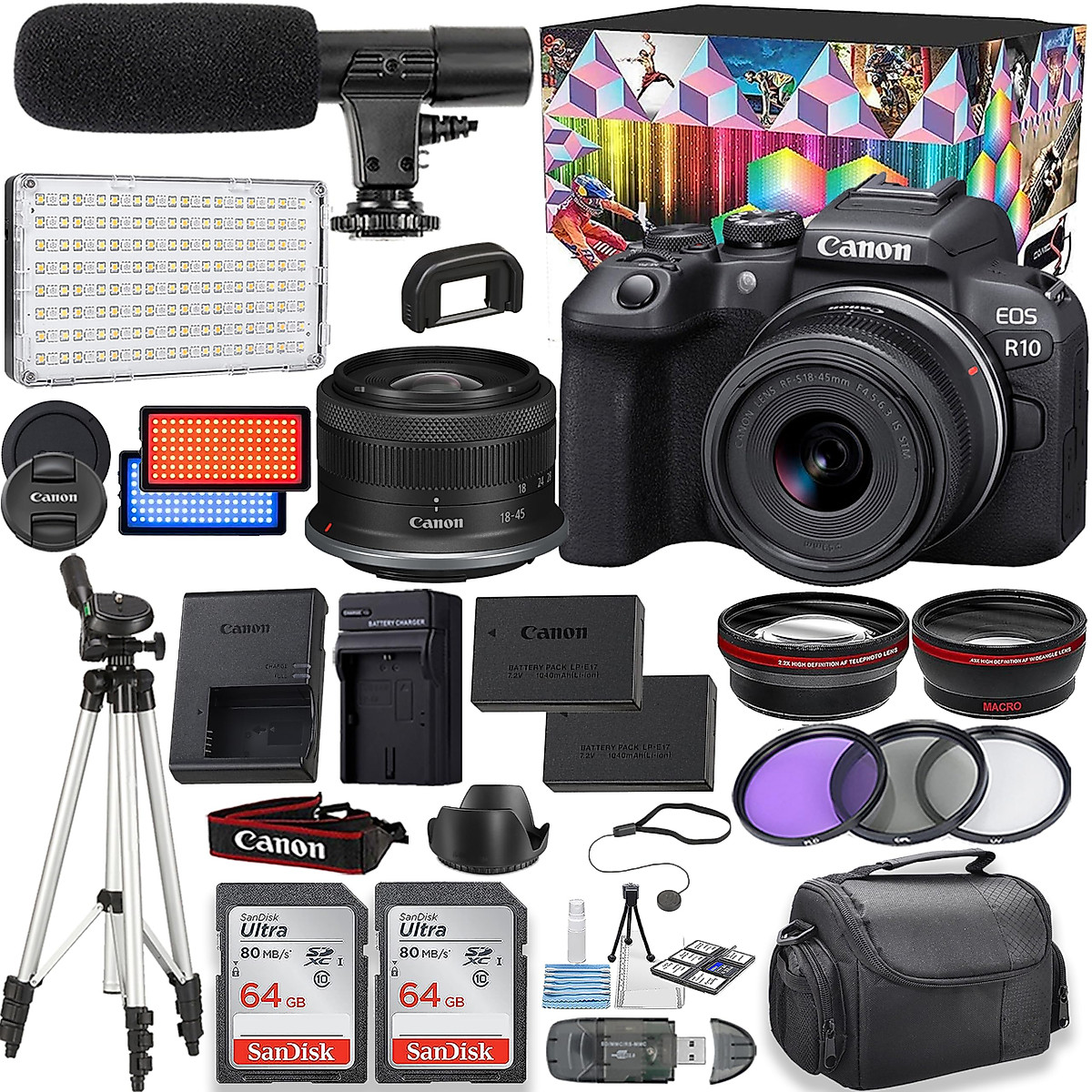Canon EOS R10 Mirrorless Camera with Video Creator Kit + Canon RF-S 18-45mm f/4.5-6.3 is STM Lens + 2pc 64GB Memory Cards + Tripod & More (Renewed)