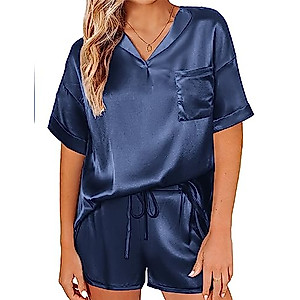 Ekouaer Pajamas Set Soft Women Satin Sleepwear 2 Piece Silk Pjs top and Shorts Sleep Nightwear Navy Blue