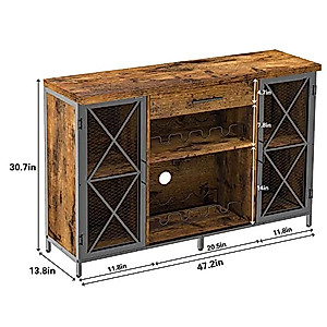 Wine Bar Cabinet with Wine Rack and Glass Holder, Farmhouse Coffee Bar Cabinet for Liquor and Glasses, Industrial Sideboard Buffet Cabinet with Drawer and Mesh Door