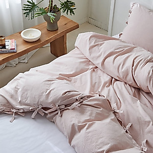 BISELINA 100% Washed Cotton Duvet Cover Set 3pcs with Bowknot Ties Strap Solid Color Linen Like Textured Durable Breathable Soft Comfy Chic Bedding (King, Pale Pink)