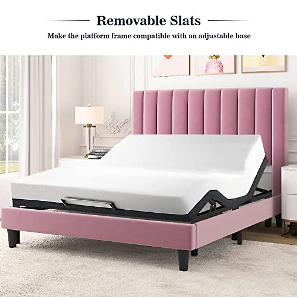 Allewie Full Bed Frame/Velvet Upholstered Bed Frame with Vertical Channel Tufted Headboard/Strong Wooden Slats/Platform Bed Frame/Mattress Foundation/Box Spring Optional/Easy Assembly/Pink…