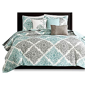 Madison Park Claire Quilt Modern Design - All Season, Breathable Coverlet Lightweight Bedding Set, Matching Shams, Decorative Pillow, King/Cal King (104 in x 94 in), Diamond Aqua 6 Piece