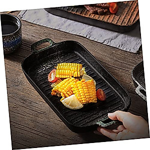 Yardwe 1pc Fire Earth BBQ Plate Cake Tray Outdoor Griddle Grill Square Dish Set Square Baking Tray Camping Pot Roasting Pan Roasting Plate with Handles Household Kitchenware Ceramic Plate