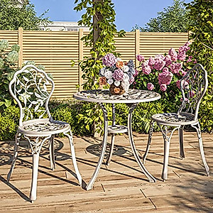 BELLEZE 3 Piece Bistro Set, Aluminum Bistro Table Set Outdoor Bistro Set, Weather-Resistant Garden Table and Chairs Wrought Iron Patio Furniture for Balcony Backyard, Leaf Design - White