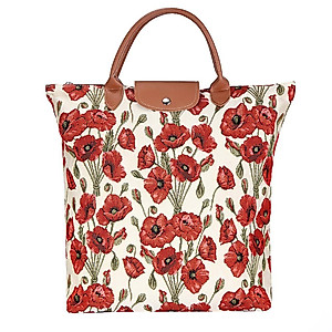 Signare Tapestry Foldable Tote Bag Reusable Shopping Bag Grocery Bag with Poppy Flower Design (FDAW-POP)
