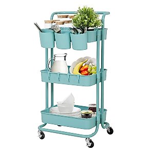 LEZIOA 3 Tier Rolling Cart, Ajustable Art Craft Cart Organizer on Wheels, Metal Utility Storage Cart with Handle for Kitchen Bathroom, Mobile Multifunctional Salon Trolley Makeup Cart, Easy Assembly