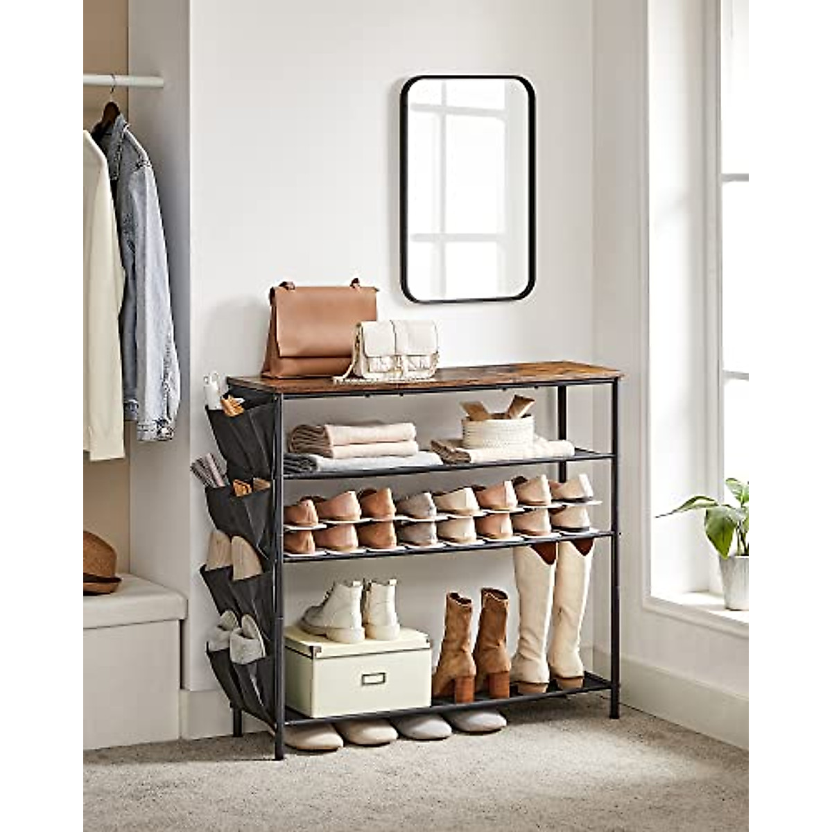 VASAGLE 5 Tier Extra Long Shoe Rack, 39.4 Inches Shoe Organizer with 8 Side Pockets, Shoe Shelf for Closet Entryway, with 4 Fabric Shelves, Steel Frame, Industrial, Rustic Brown and Black ULBS039B01