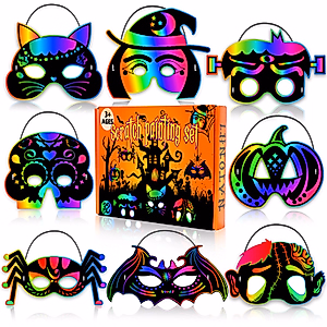 Natonhi 32Pcs Halloween Crafts for Kids Rainbow Scratch Mask, Halloween Games Scratch Art and Craft Kit Halloween Classroom Activities Favors Party Supplies