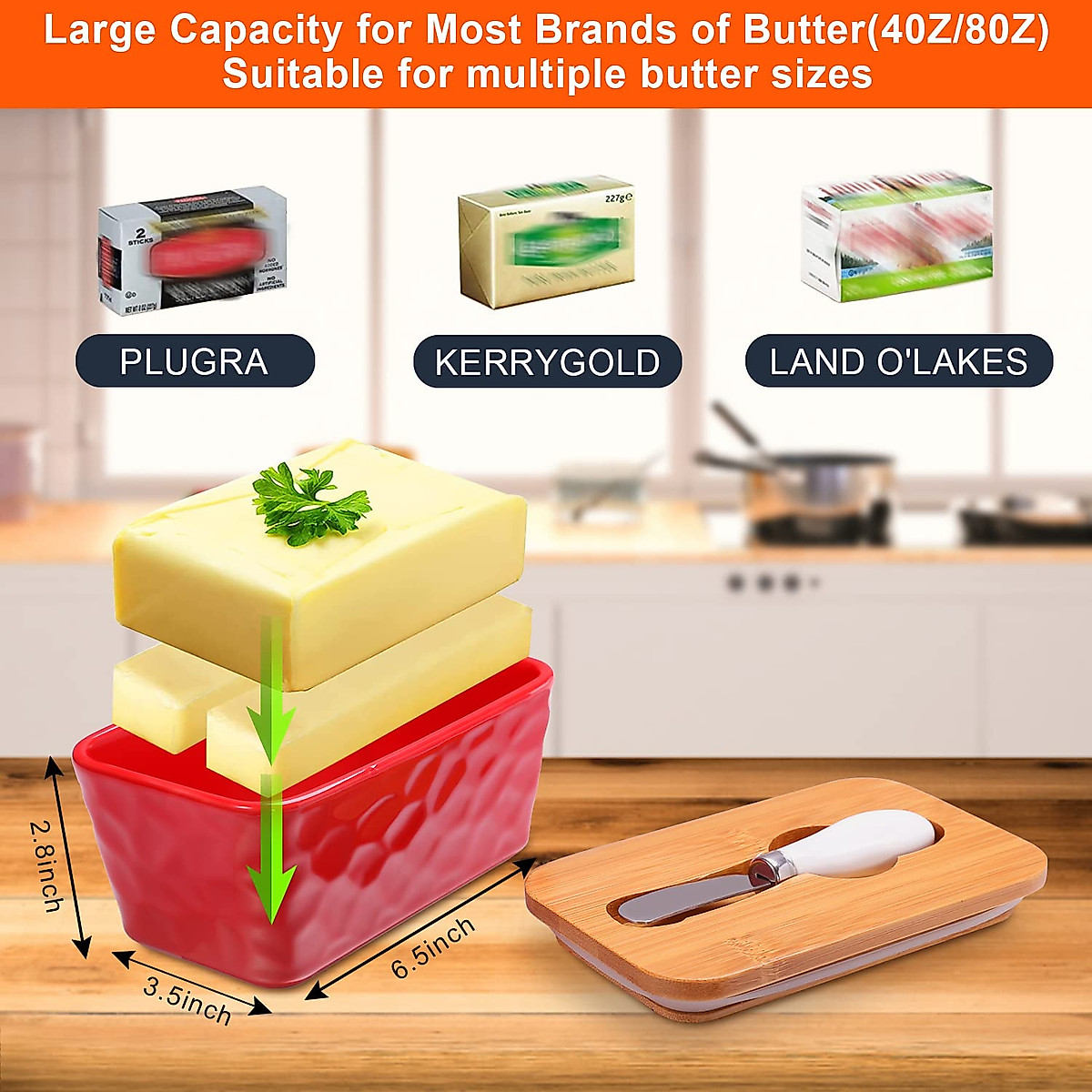 Gute Butter Dish, Ceramic Butter Dish with Lid and Knife for Countertop, Double Silicone Seal Butter Keeper,Large Butter Container For West East Coast Butter,Unique Stone Pattern,Red