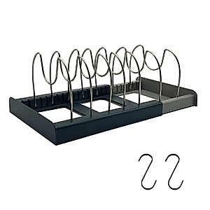 Expandable Pot Pan Lid Organizer Rack Holder with 7 Adjustable Dividers Stainless Steel Storage Rack Kitchen Organizer Holder Cabinet Countertop Pan Lid Holder with 2 Hooks
