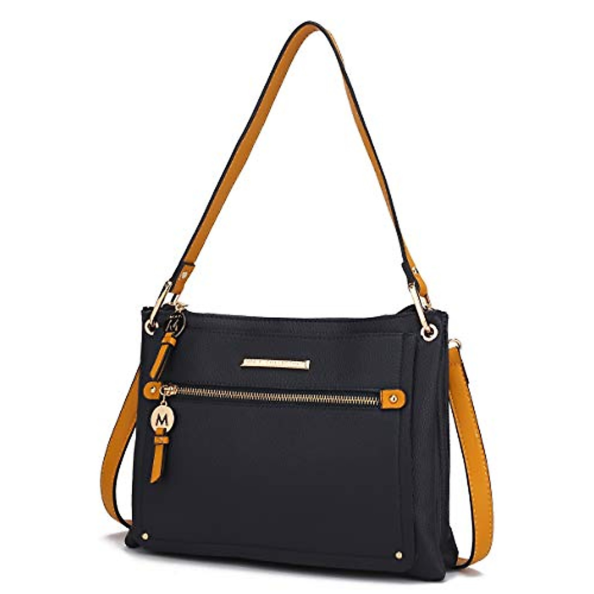 MKF Crossbody Bag for Women – PU Leather Pocketbook Handbag – Designer Side Messenger Purse, Shoulder Crossover Aliyah Navy-Mustard