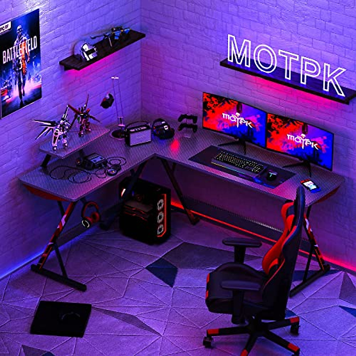 MOTPK L Shaped Gaming Desk 66 Inch, Gaming Computer Desk L Shape with Carbon Fiber Surface, Gamer Desk Gaming Table with Monitor Shelf, Cup Holder & Headphone Hook, Black