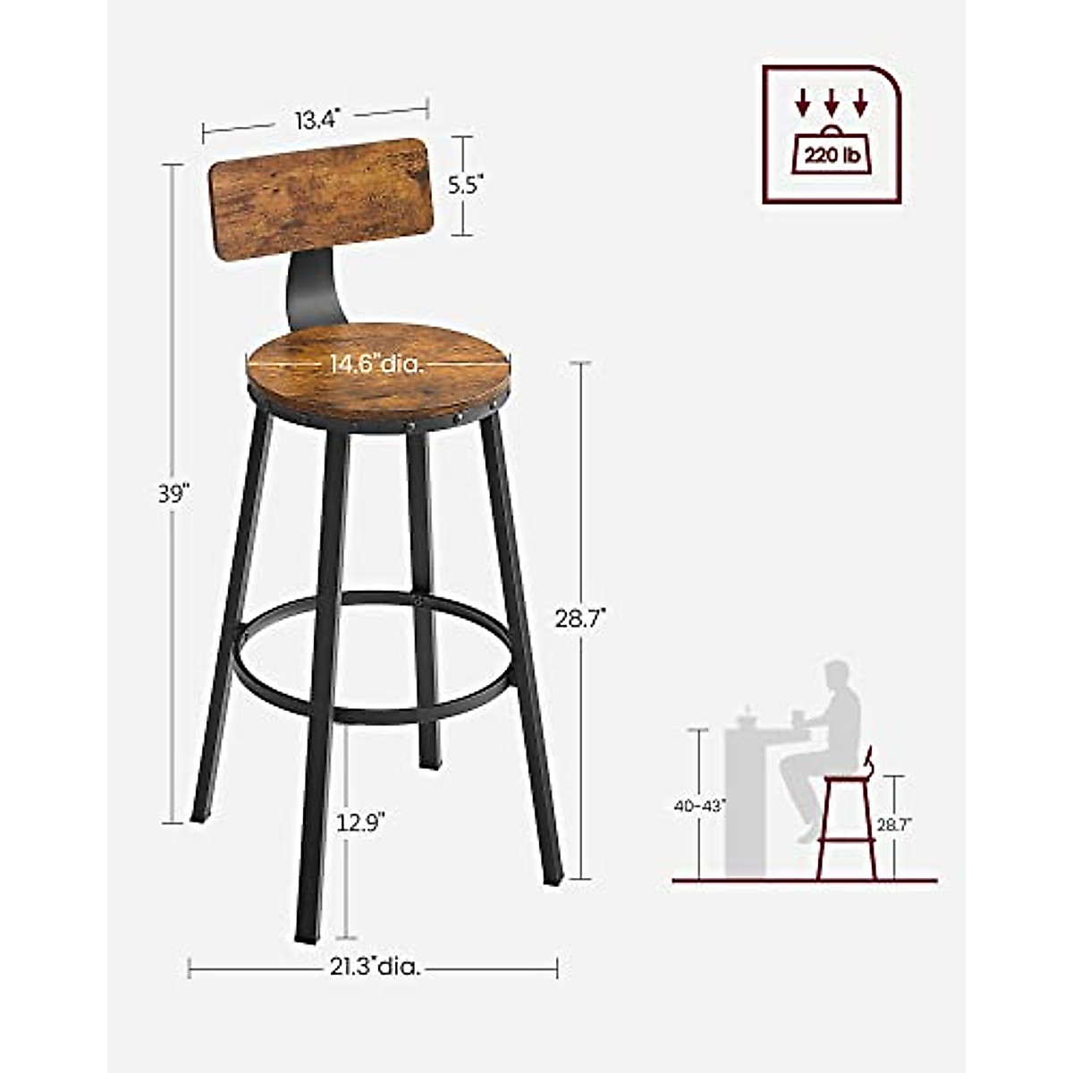 VASAGLE Bar Stools Set of 2, Tall Bar Stools, Bar Height Stools, 28.7 Inch High Barstools with Back, Industrial, Metal Frame, Easy Assembly, Rustic Brown and Black ULBC026B01V1