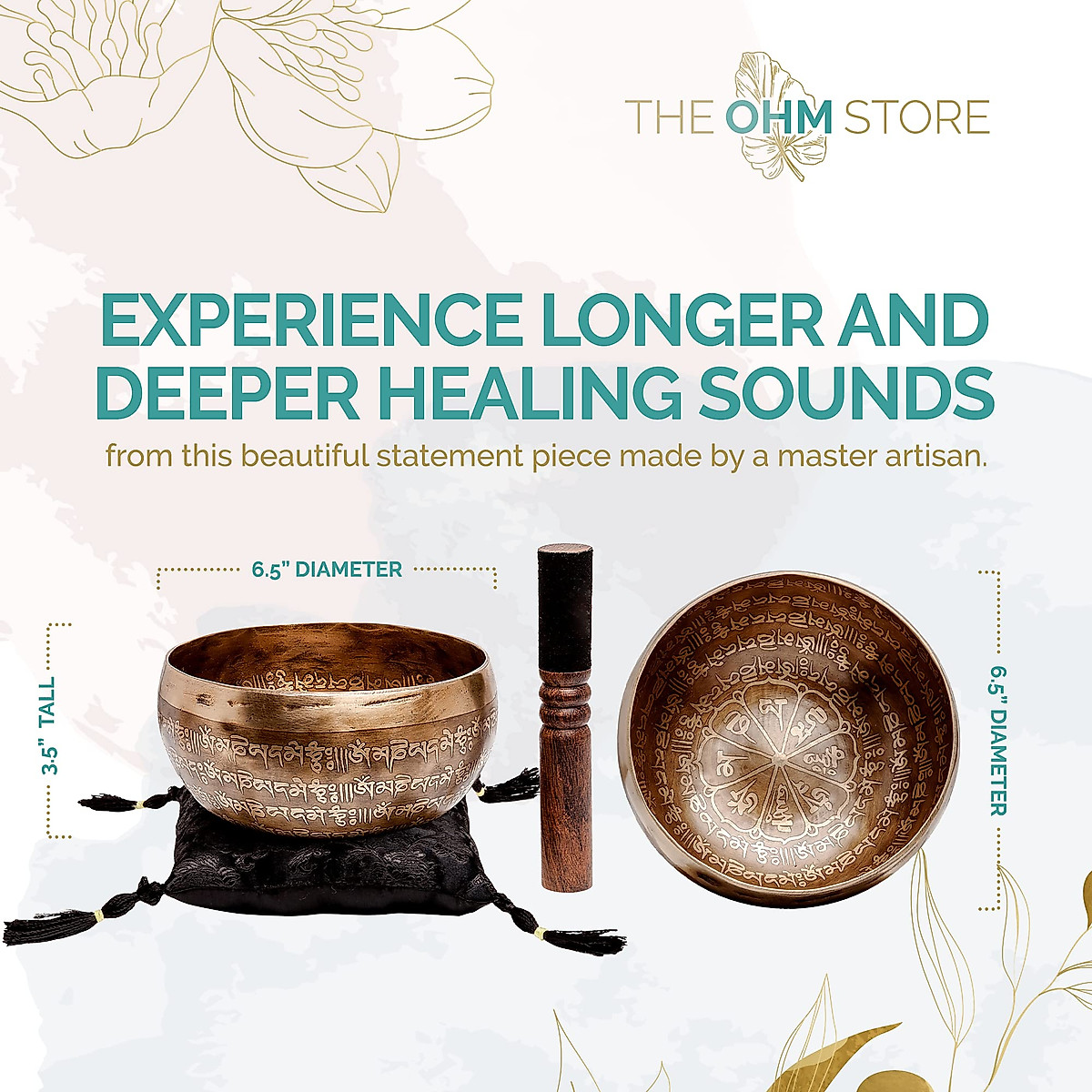 Ancient Design Large Etched Tibetan Singing Bowl Set by Ohm Store — Relaxing Deep Tone Meditation Sound Bowl and Wooden Mallet Handcrafted in Nepal — Purity Bowl (About 6 Inch)