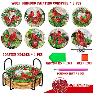 Yaomiao 8 Pcs Christmas Diamond Painting Coasters Ornament DIY Coaster Christmas Diamond Art Kits Cardinal Diamond Coasters for Kids Adults Beginners Art Craft Supplies Home Xmas Party Decoration