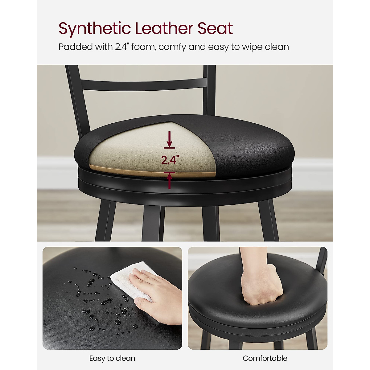 VASAGLE Bar Stool, Swivel Bar Stool, Bar Chair with Back, Metal Steel Frame, 25.8-Inch Cushioned Seat, Footrest, Easy Assembly, Industrial Style for Kitchen Island, Black and Rustic Brown