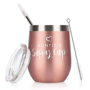Gifts for Aunt Auntie's Sippy Cup Wine Tumbler with Lid, Birthday Mothers Day Gifts for Aunts New Best Aunt Gifts from Niece Nephew, 12 Oz Funny Insulated Stainless Steel Tumbler with Straw, Rose Gold