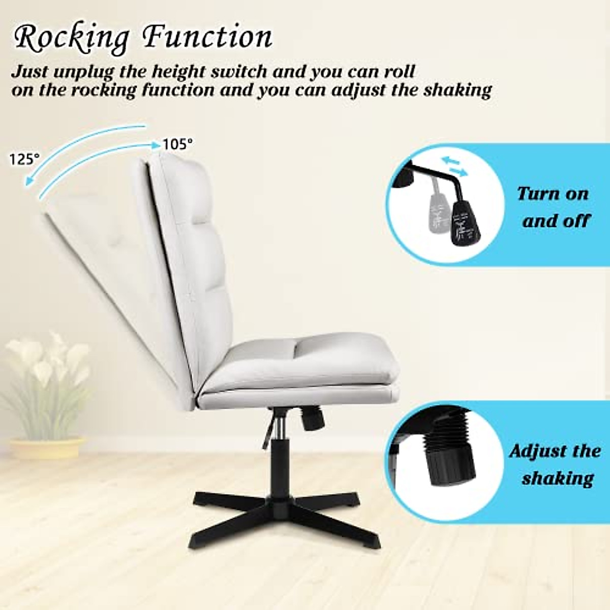 TAVATA High Back Armless Office Desk Chair No Wheels, PU Wide Seat Home Office Desk Chair Cross Legged Office Chair, Modern Adjustable Swivel Vanity Chair… (White)