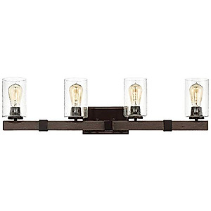 Franklin Iron Works Poetry Industrial Farmhouse Rustic Wall Light Bronze Wood Grain Hardwired 34" 4-Light Fixture Clear Seedy Glass Shade for Bedroom Bedside Bathroom Vanity Living Room Hallway