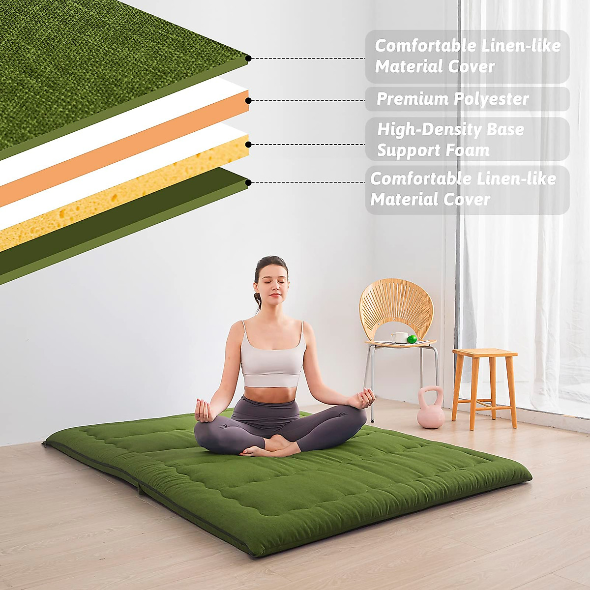 MAXYOYO Roll Up Mattress Sleeping Mat, Floor Futon Mattress for Outdoor Indoor, Upgraded Portable and Foldable Mattress, Green Full Mattress, 75x54 Inch