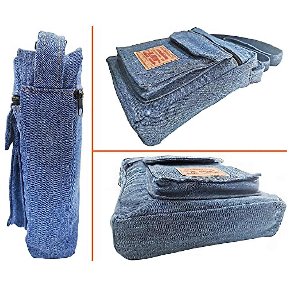 Upcycling Blue Denim Jeans Messenger Cross Body Shoulder Handbag Purse for Unisex