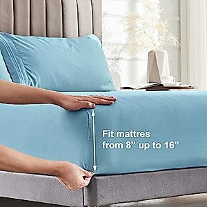 WODFAMY Microfiber Easy Fit Twin Size Bed Sheet Set Extra Soft Deep Pockets Luxury Hotel 3 Piece Set Light Blue Bed Sheets Twin Sheets