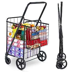 F2C Folding Shopping Cart with Wheels and Double Basket, Grocery Utility Cart Ground Rolling Cart,Collapsible Portable Cart,Compact for Shopping Laundry,Garden, Grocery,Travel, Black¡­