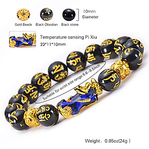 Feng Shui 10mm Hand Carved Mantra Bead Bracelet with Golden Coins Bead and Color Changed Pi Xiu/Pi Yao Attract Wealth and Good Luck