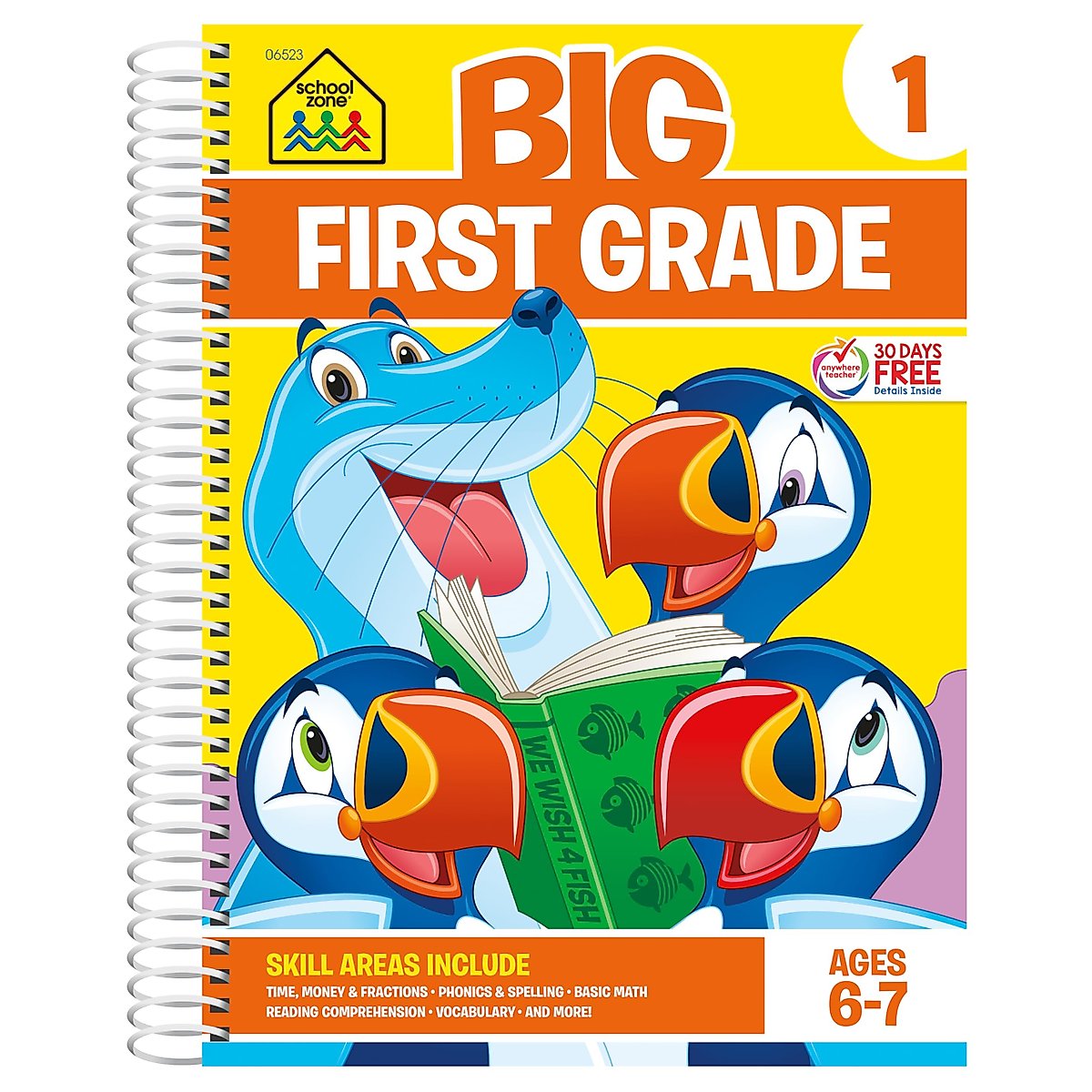 School Zone - Big First Grade Workbook - 320 Spiral Pages, Ages 6 to 7, 1st Grade, Reading, Parts of Speech, Basic Math, Word Problems, Time, Money, Fractions, and More (Big Spiral Bound Workbooks)