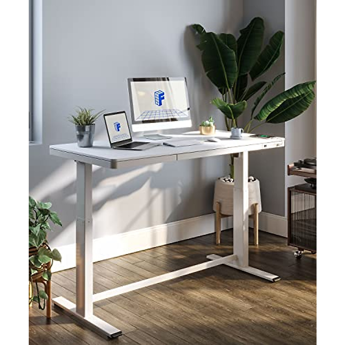 FLEXISPOT 55" White Electric Standing Desk with Drawers, Quick Assembly Home Office Sit Stand Desk with Storage, USB Charging, Computer Desk for Home Office (White Top + Adjustable Frame, Comhar)