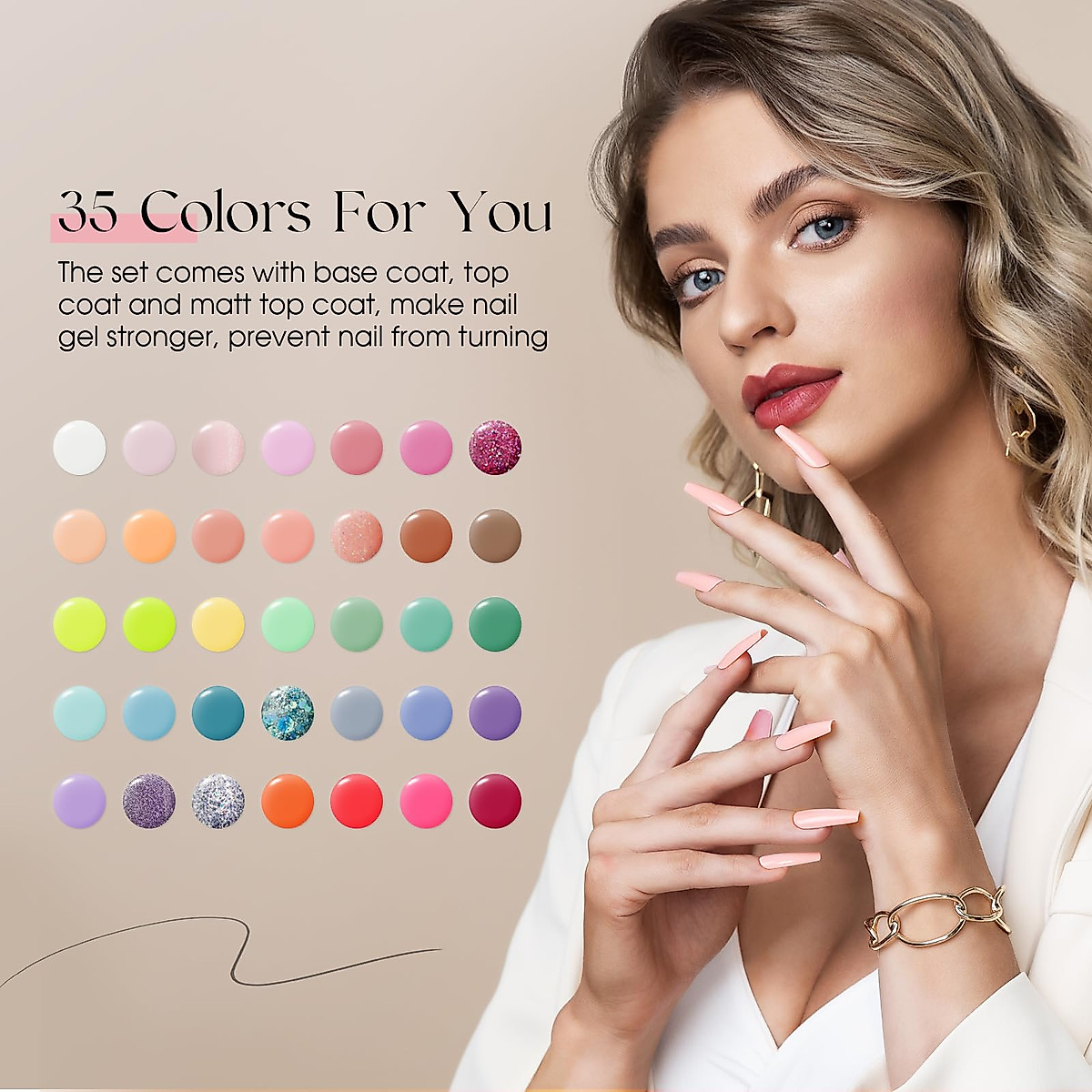 ROSALIND Gel Nail Polish Set,35 Pcs Pink Red jelly White Gel Polish Collection Summer Starter Set Glitter Nail Polish Pink Colors with Glossy & Matte Top Base Coat Nail Art Gift for Manicure