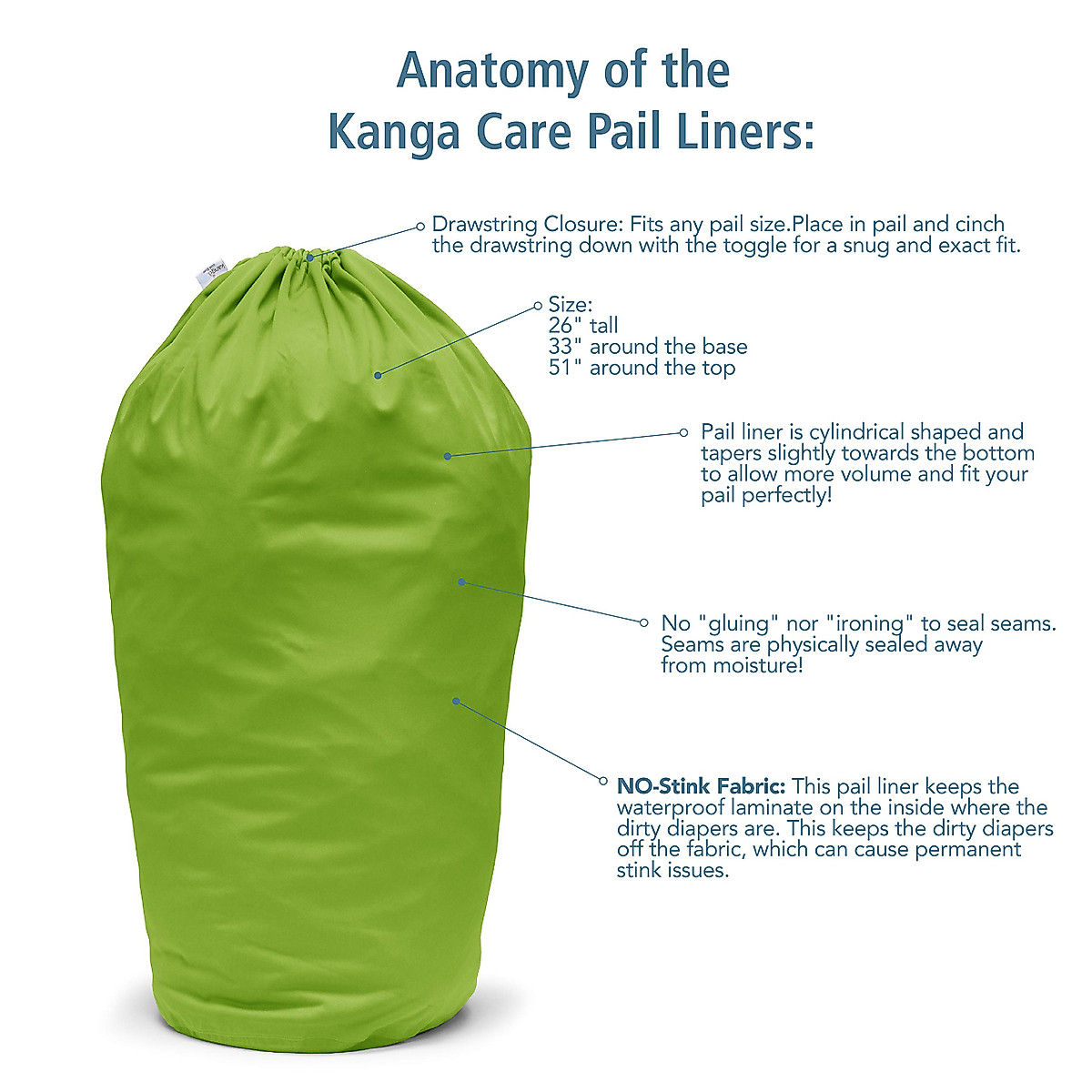 Kanga Care Seam Sealed Drawstring Reusable Diaper Pail Liner Large Barrel Shape 26" height x 51" top x 33" base | Peacock