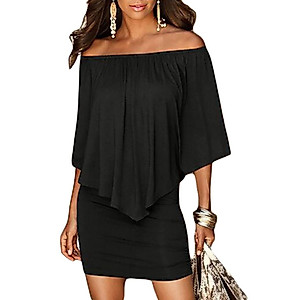 Sidefeel Womens Black Dresses Off Shoulder Ruffles Night Club Bodycon Mini Dress X-Large