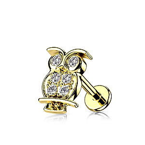 Dynamique CZ Paved Owl Top On Internally Threaded 316L Surgical Steel Flat Back Stud For Labret, Monroe, Cartilage (Sold Per Piece)