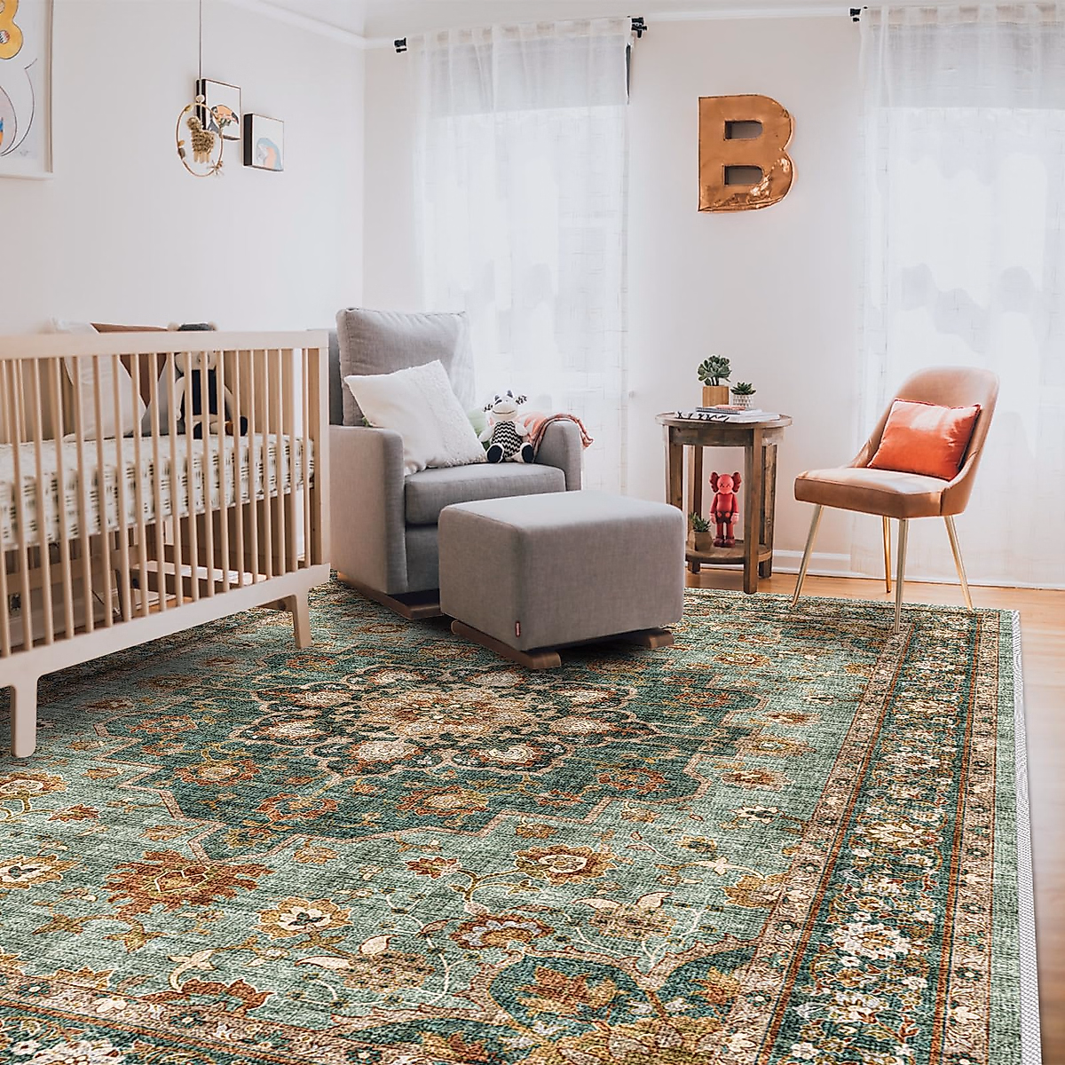 TOPRUUG Washable Oriental Area Rug - 8x10 Rugs for Living Room Soft Carpet for Bedroom Waterproof Floral Distressed Indoor Stain Resistant Non-Shedding Floor Carpets (Green, 8x10)