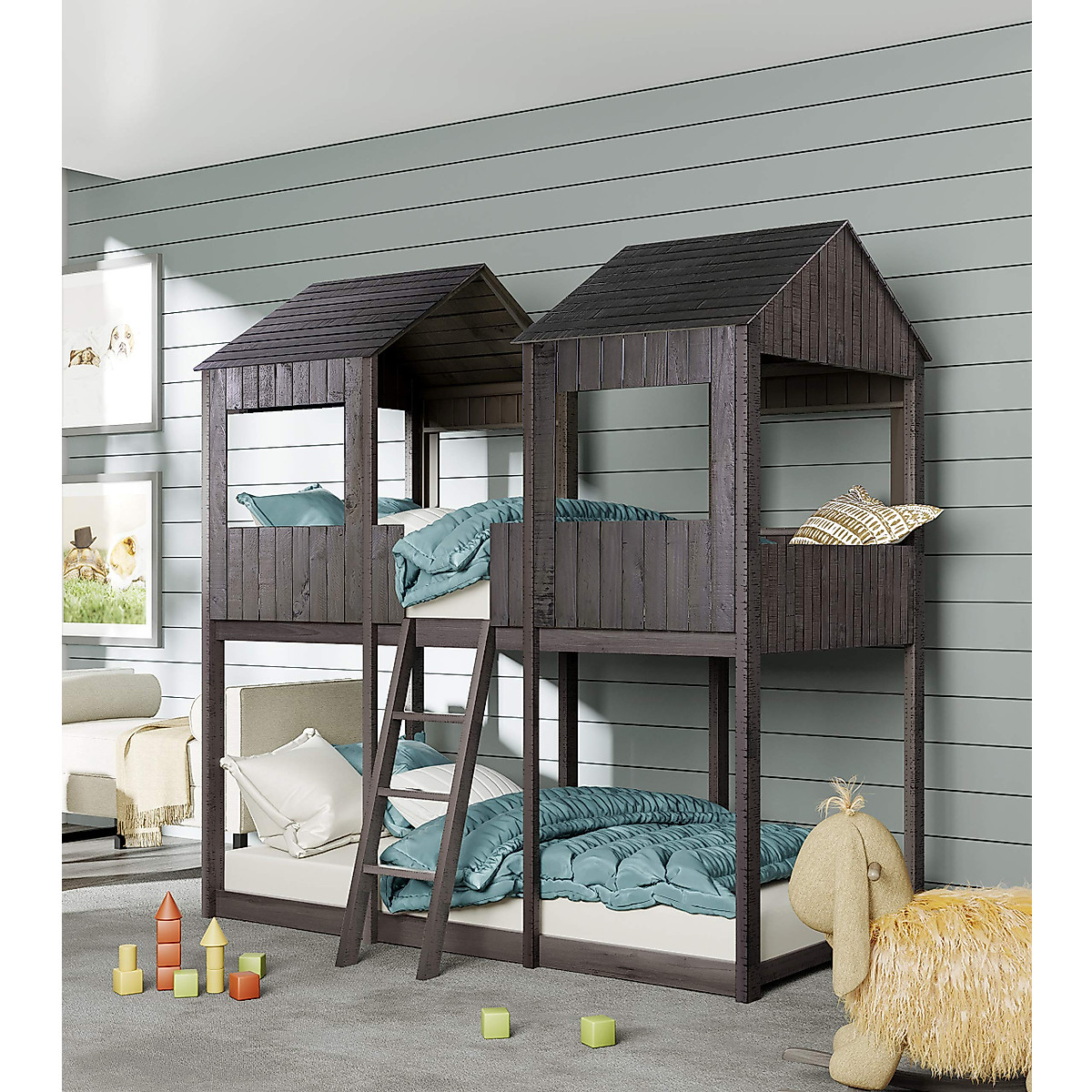 HABUHOME Full Over Full House Bunk Bed with Roof, Wood House Bunk Bed with Window, Guardrail, Ladder for Kids, Teens, Girls, Boys,Gray