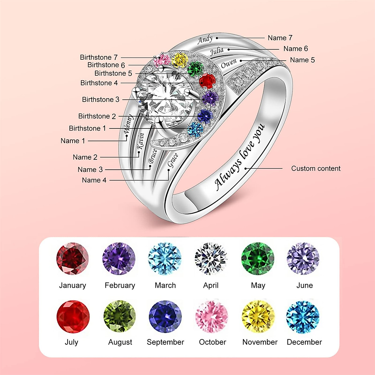 BAUMA AUTO Sterling Silver Personalized Mothers Ring with 1-8 Simulated Birthstones Engraving Family Name Ring for Mother Grandma