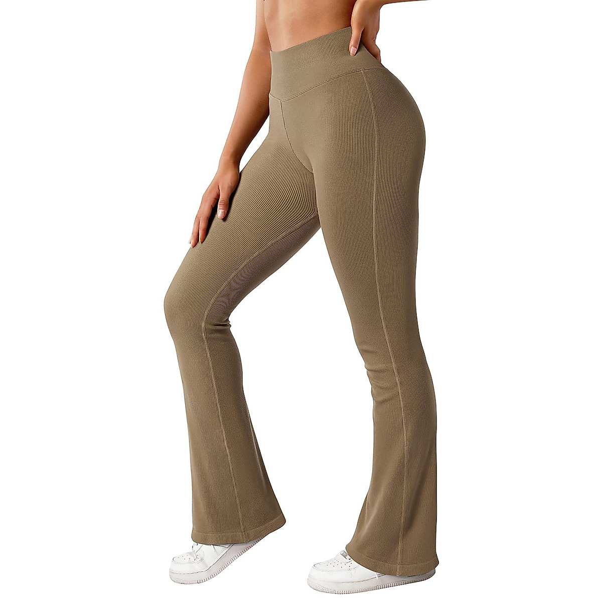 MOOSLOVER Women Ribbed Bootcut Yoga Pants High Waisted Flare Bootleg Workout Leggings(M,#1 Dark Coffee)