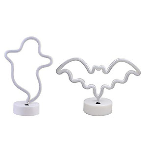 OSALADI 2pcs Halloween Neon Signs Light Ghost Bat Festival Decorative Bedside Lamp LED Table Neon Light for Bedroom Nursery Without Battery (White)