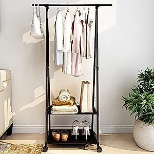 Clothes Rack Clothing Drying Rack, Rolling Garment Rack for Hanging Clothes, Small Industrial Metal Pipe Stand Coat Racks on Wheels with 2 Tier Shelves for Bedroom, Laundry, Entryway and Living Room