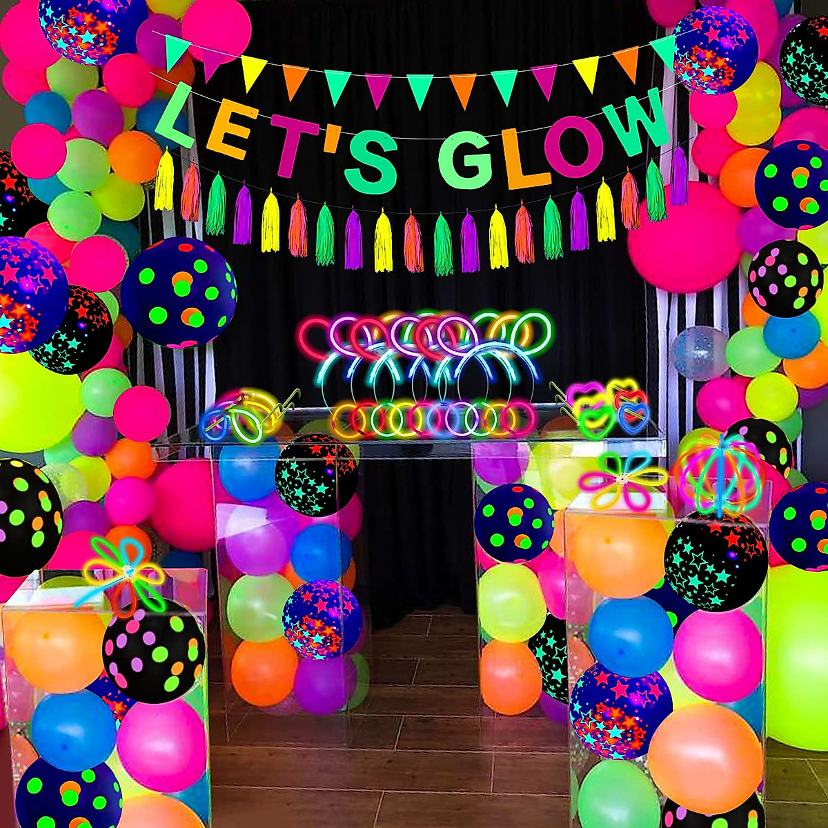 209 Pack Glow Party Supplies Glow Sticks Party Pack Glow Themed Party Hanging Decorations Birthday Party Decoration Tablecloth, Balloons, Sticks, Tassels, Glasses, Headband for Neon Party Decorations