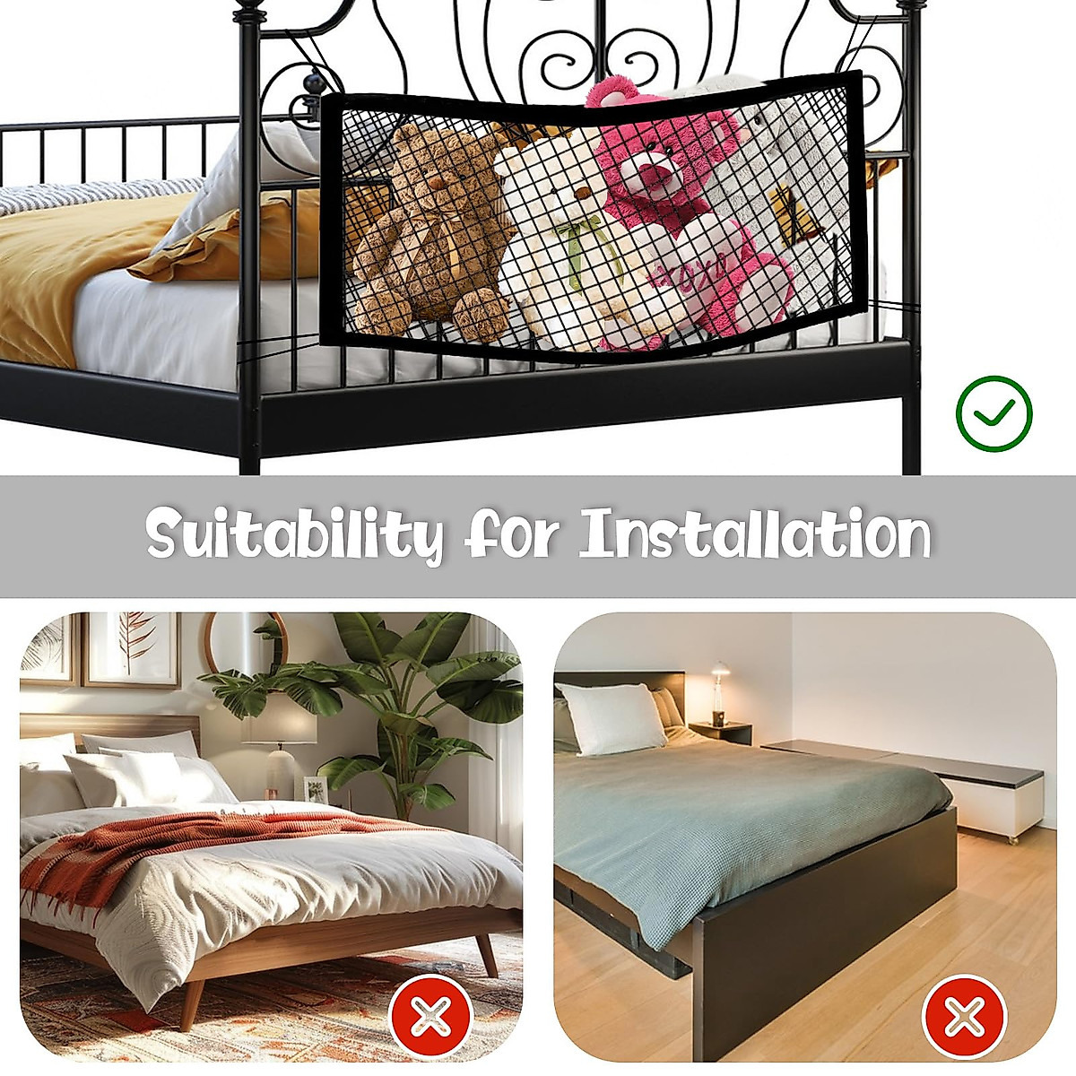 Stuffed Animal Net, Bedside Stuffed Animal Storage Net, Storage Net with Tether for Stuffed Animal Toys, Elastic Bedside Stuffed Animals Net or Hammock with Tether, Expand to 35 Inch 90cm (Black)