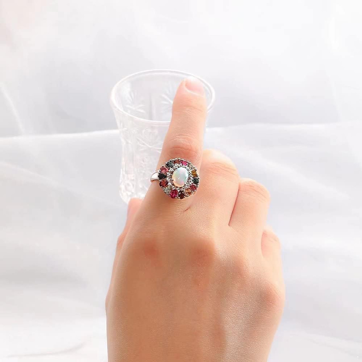 supermodel Multicolor Gemstone Signet Ring for Women Wedding Anniversary Jewelry Sterling Silver Band 925 Stamped Tourmaline Diamond Gem Ring Luxury Opal Ring Cocktail Rings Size 9