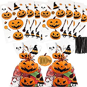 AnapoliZ Halloween Treat Bags | 100 pcs (6” x 9” Inch) |2.5 Mil Crystal Clear Cellophane Bags with Halloween Designs | Pumpkins, Witches Cello Bags | Halloween Party Decorations, Spooky Treat Bags