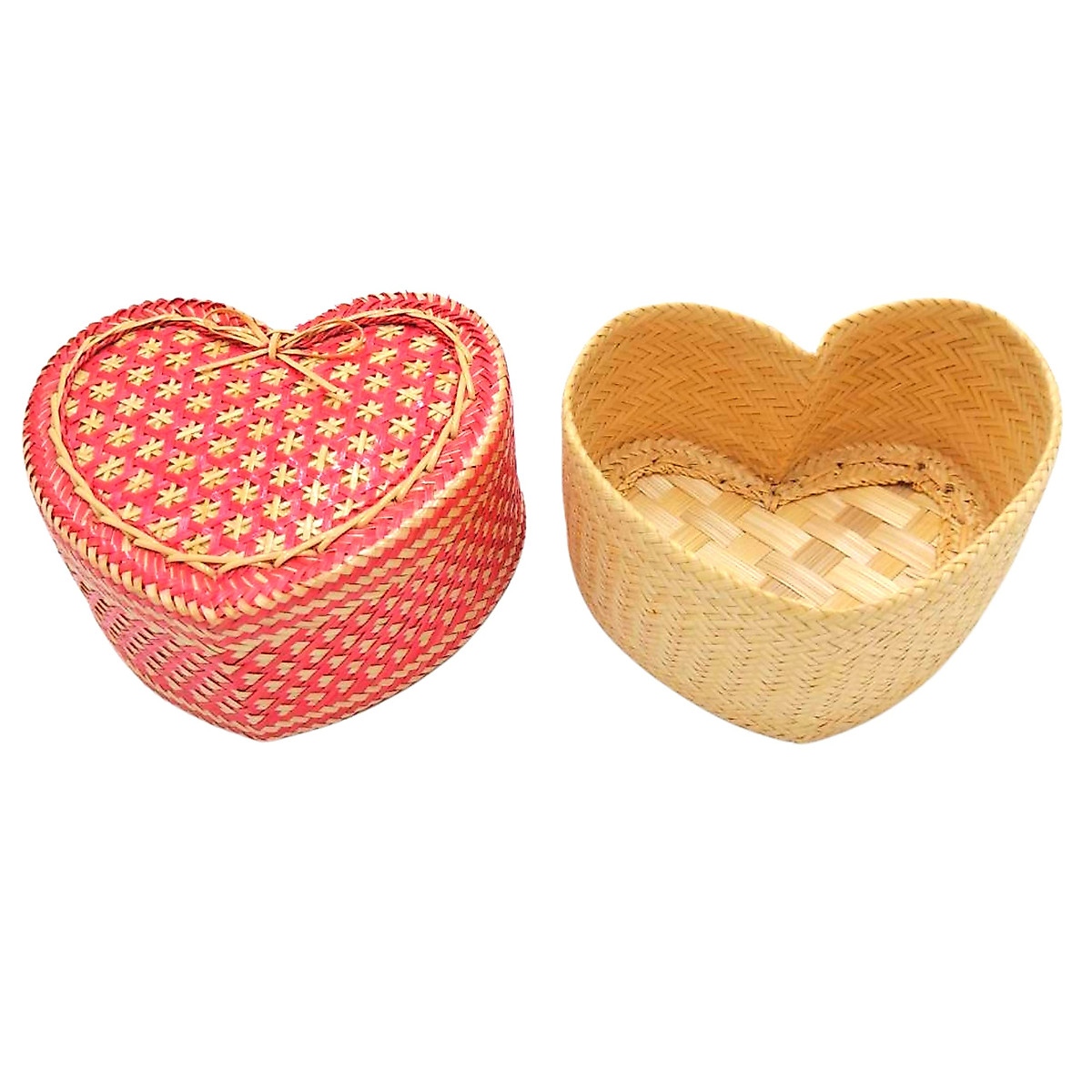 Bamboo Sticky Rice Serving Basket 6x5.2 Inch, Kratip, Intricately Woven Container, Heart-Shaped, American Flag, Thailand Handmade, Dyed with Natural Based (Red Pikul Flowers)