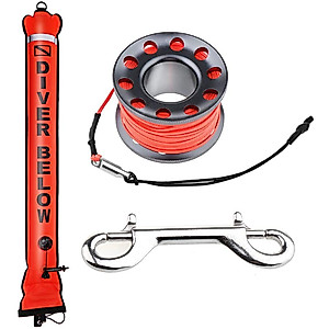 4ft Red Scuba Diving Open Bottom Surface Marker Buoy (SMB) with 49ft Finger Spool Alloy Dive Reel and Double Ended Bolt Clip - Gray