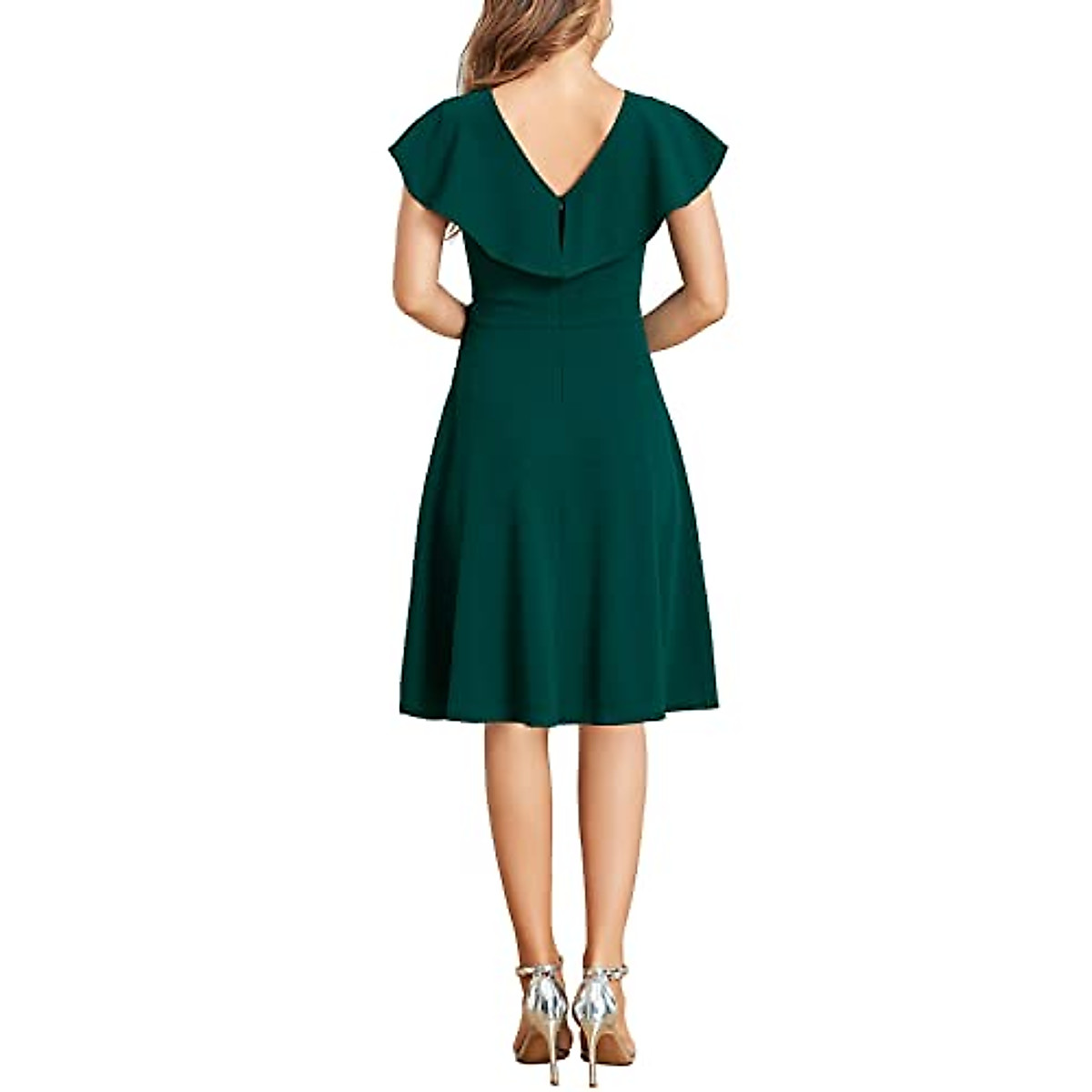 Fantaist Beach Wedding Guest Dresses for Women Casual Summer,Sleeveless Ruffle Wrap V Neck Midi Swing Cocktail Aline Party Dress (S, FT803-Dark Green)