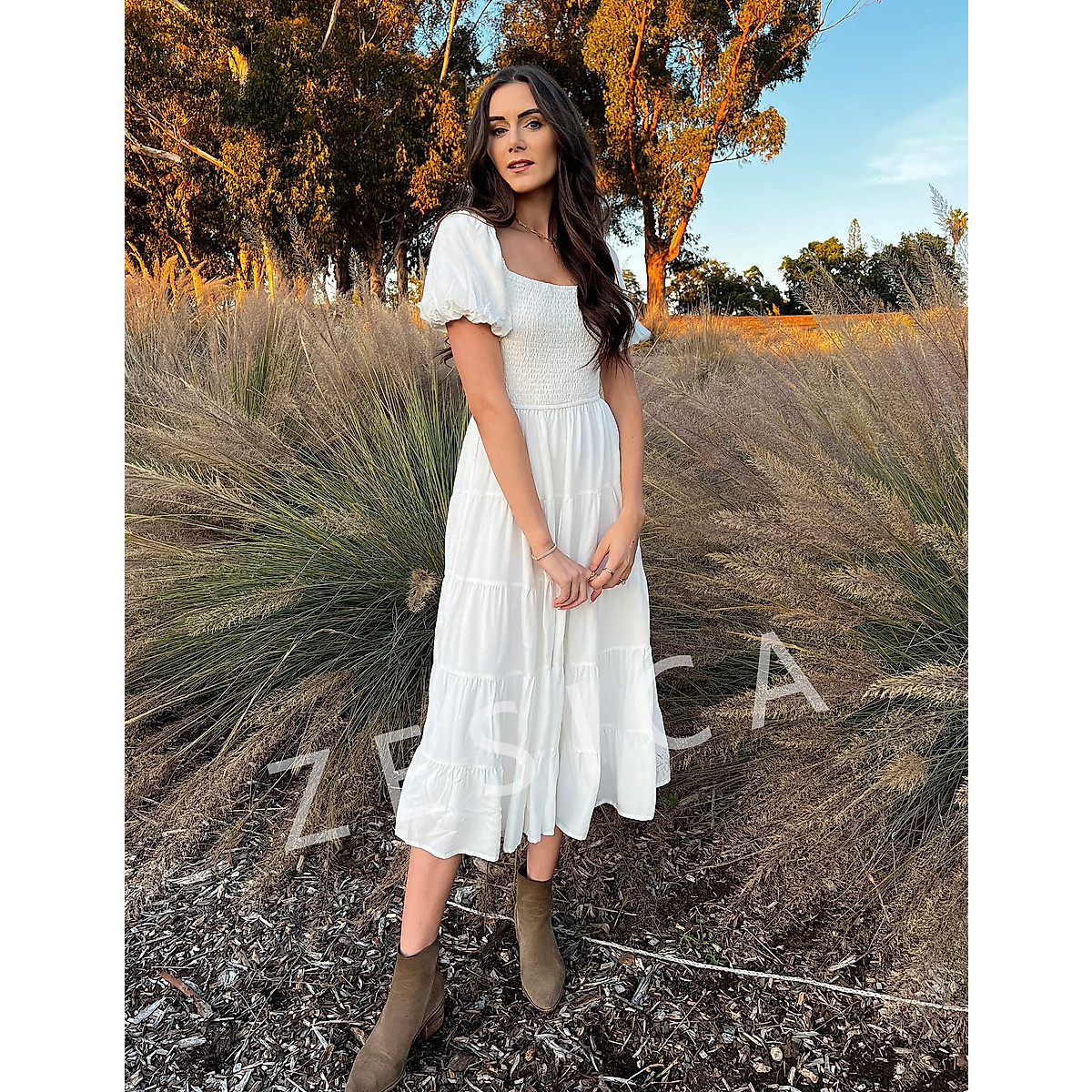 ZESICA Women's 2025 Summer Square Neck Short Puff Sleeve Solid Color High Waist Casual Smocked Flowy A Line Tiered Midi Dress,White,Small