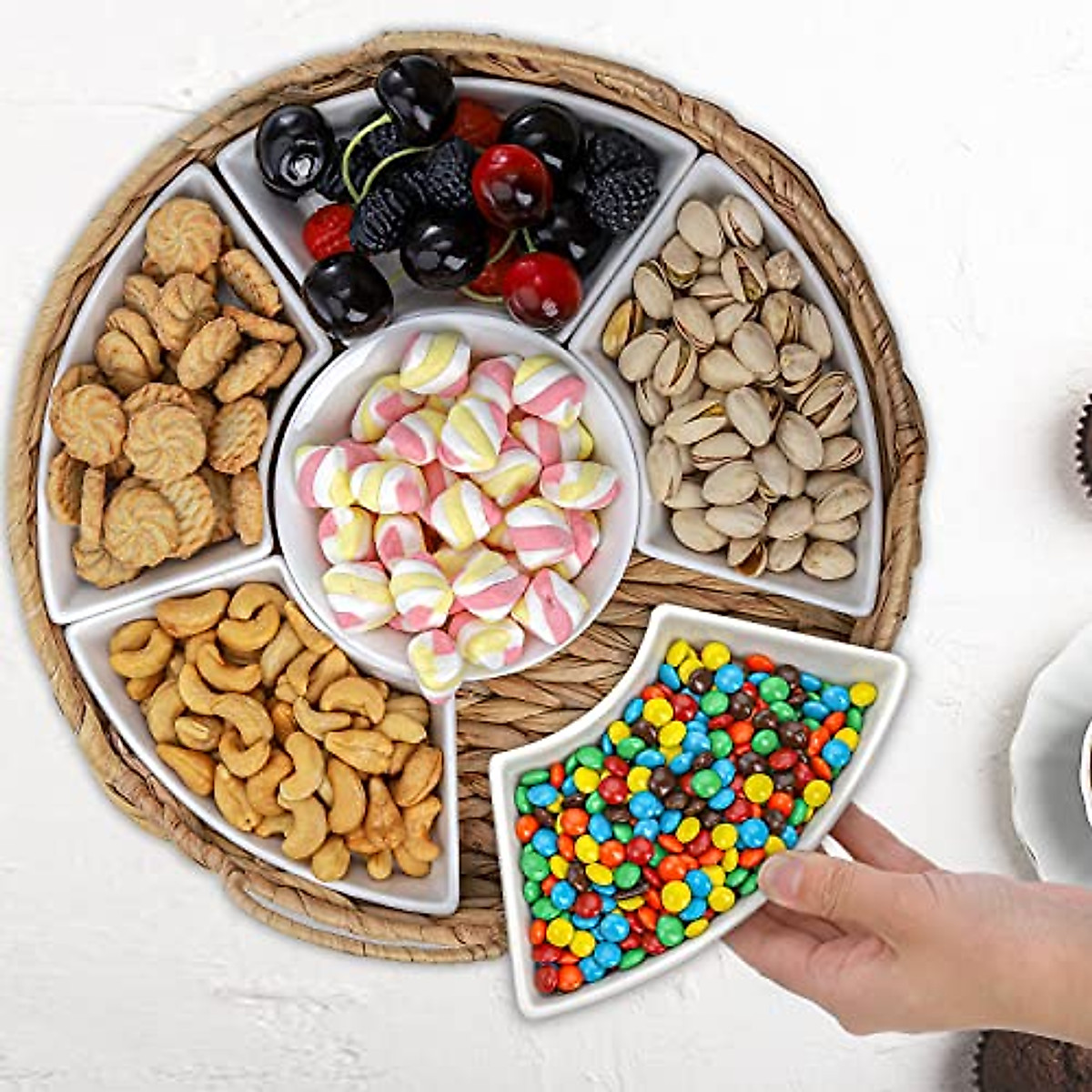 AVLA Ceramic Divided Serving Dishes, Porcelain Relish Tray, Party Appetizer Platter, 6 Removable Snack Bowls with Cattail Basket for Chips and Dips, Candy, Nut, Condiment, Veggie, Portable Handle