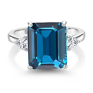 Gem Stone King 925 Sterling Silver London Blue Topaz and White Moissanite 3 Stone Ring For Women (7.82 Cttw, Gemstone Birthstone, Emerald Cut 12X10MM, Available In Size 5, 6, 7, 8, 9)